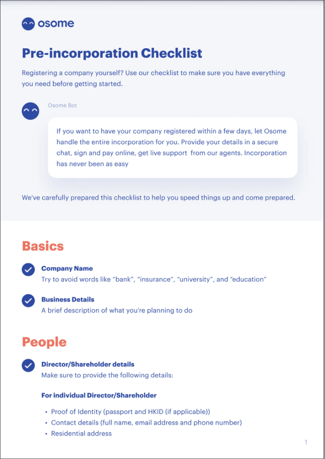 Pre-incorporation Checklist for Hong Kong - Osome Guides